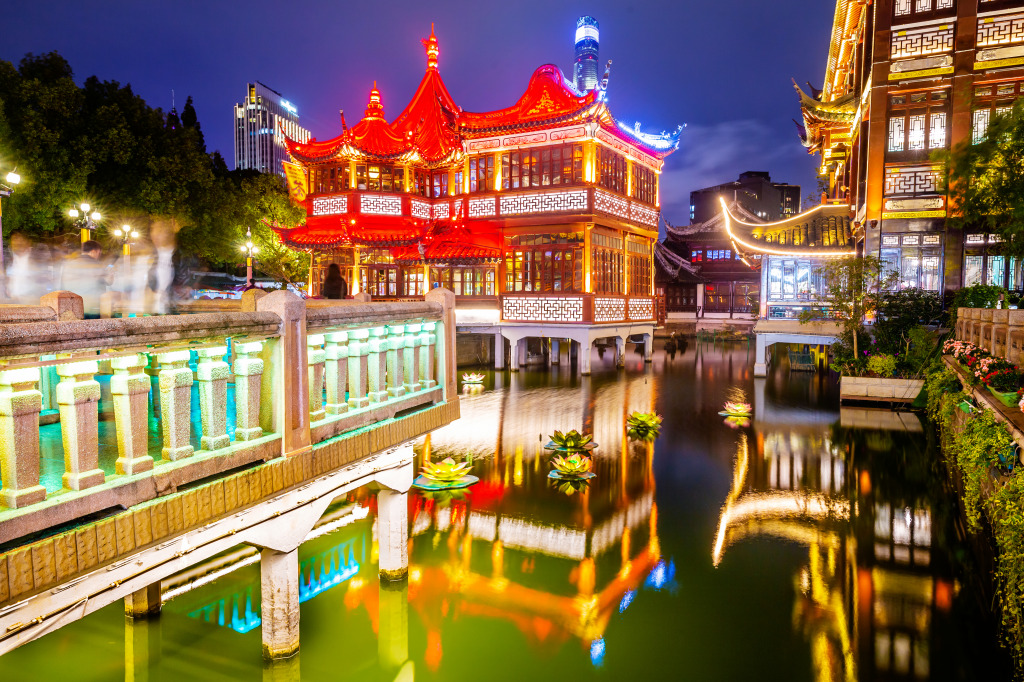 Illuminated Yu Yuan Garden at Night